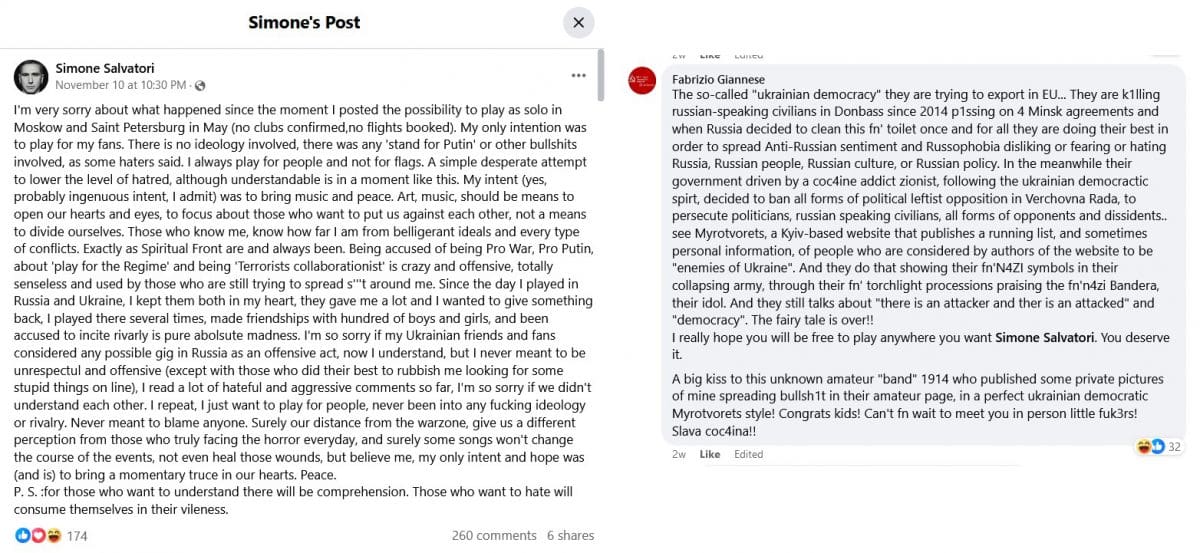 Simone Salvatori (Spiritual Front) goes pro-Putin